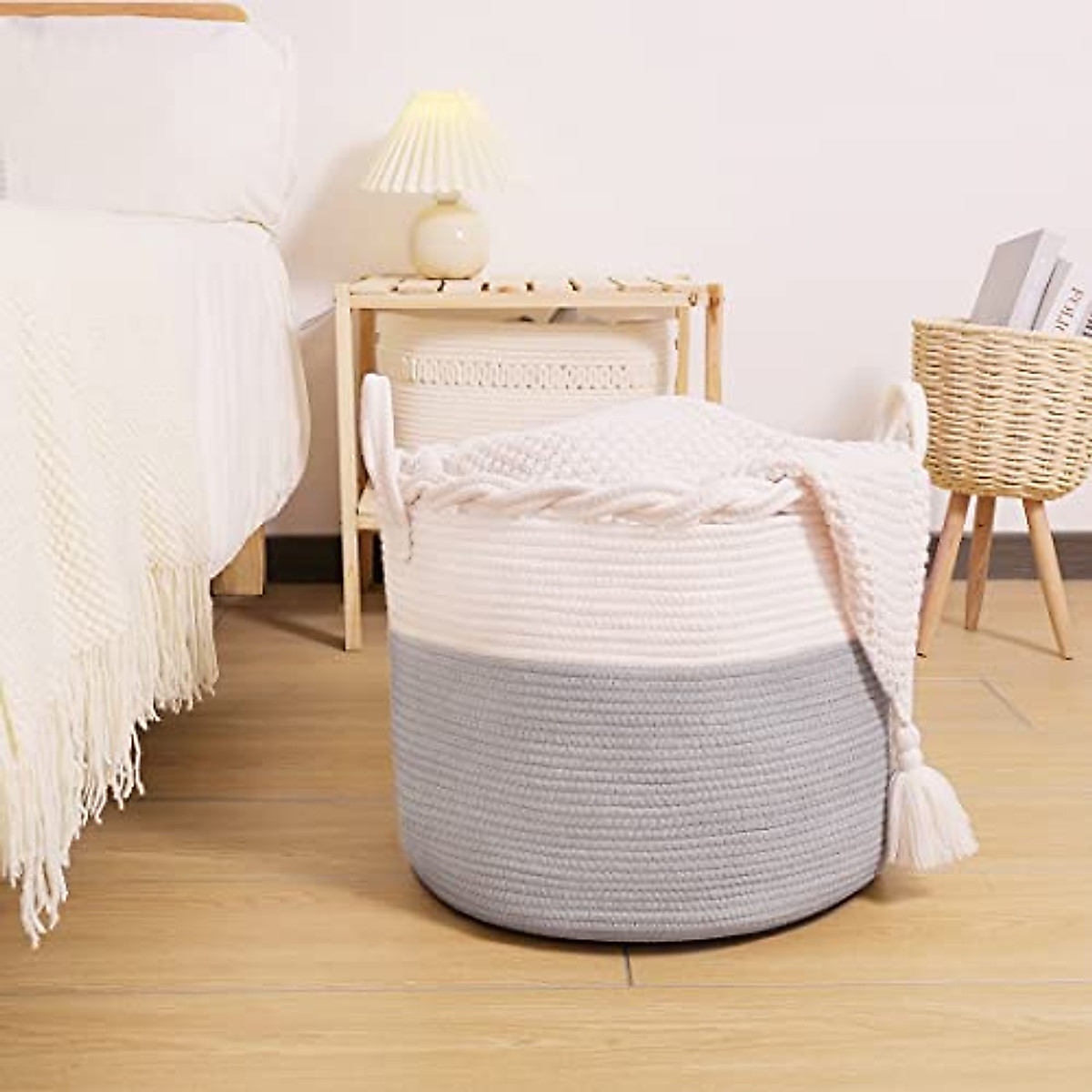 Eternal Beauty Cotton Rope Basket 17”W X14”H Large Woven Storage Basket for Blanket Living Room, Decorative Toy Baby Basket for Kids Nursery, Grey