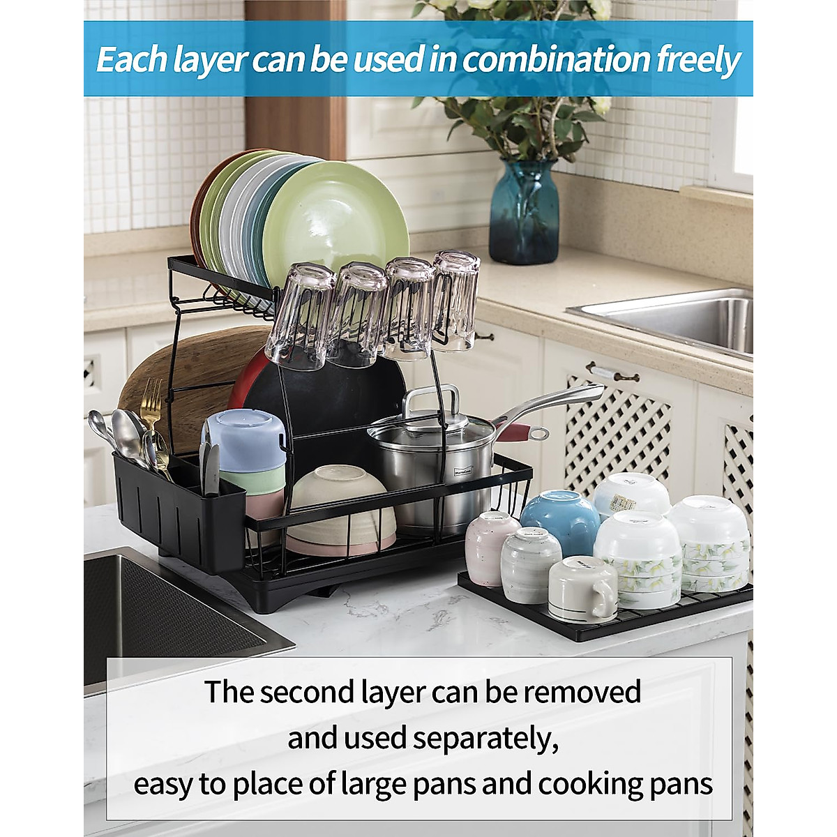 3 Tier Dish Drainer Rack for Kitchen Counter, Large Capacity Dish Drying Rack with 360° Rotating Drainboard, Dish Drainers for Kitchen Sink, Countertop Large Detachable Stainless Steel Dish Rack