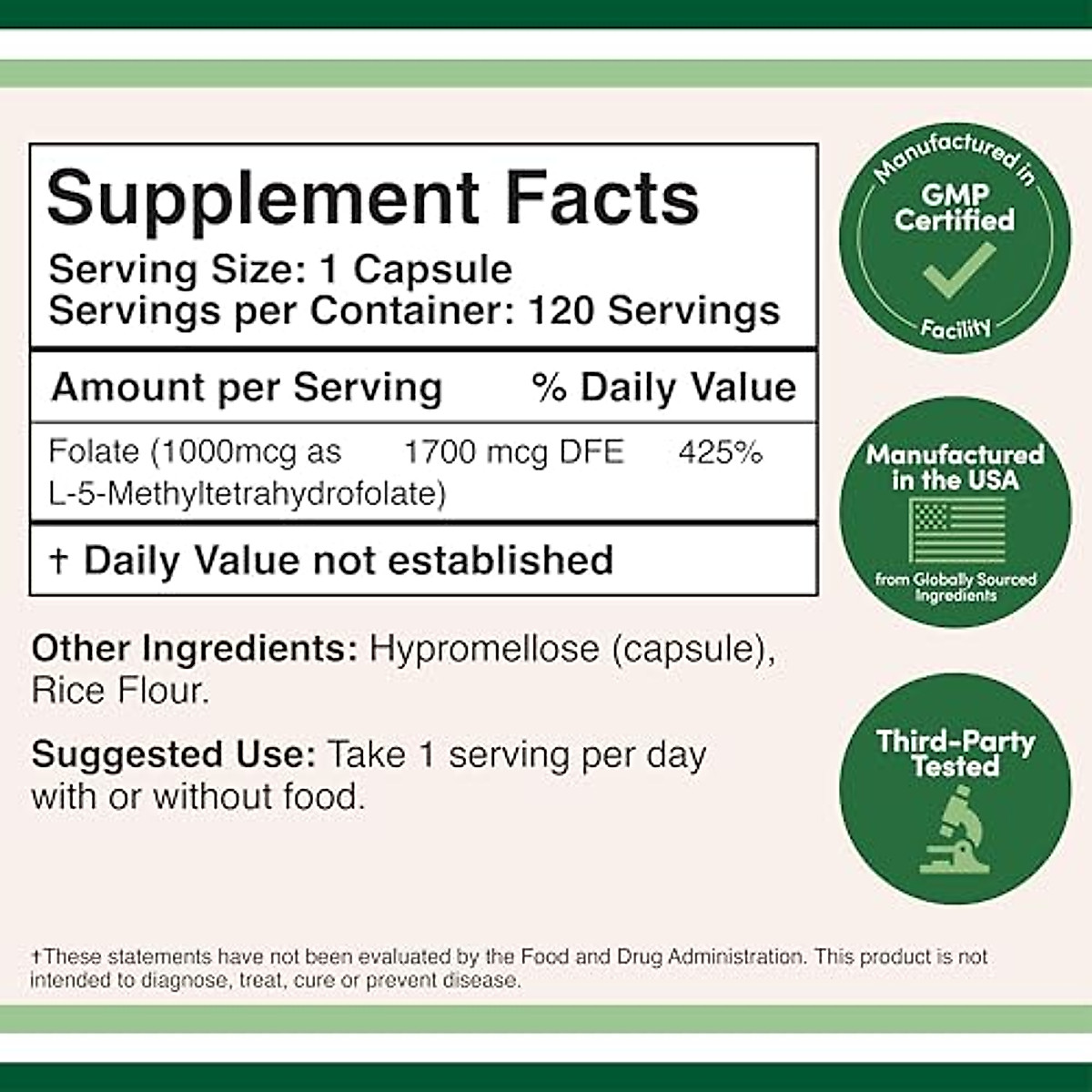 Methylfolate 1,000mcg, 120 Capsules (Third Party Tested Methyl Folate Supplement) Methylated Folate is a More Active Form of Folate Than Folic Acid (Non-GMO, Vegan Safe) by Double Wood