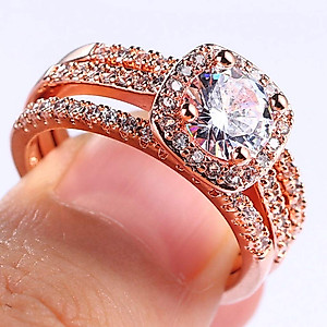 Jude Jewelers Silver Rose Gold Three-in-One Wedding Engagement Bridal Halo Ring Set (Rose Gold, 7)