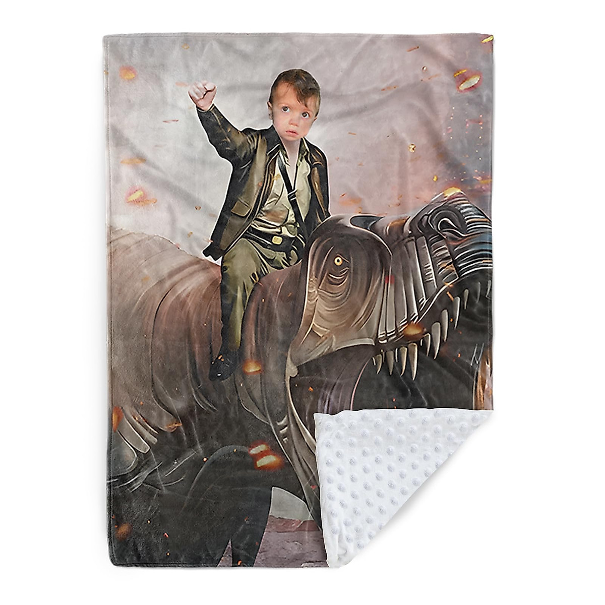 Duckbe Custom Photo Blanket - Dinosaur Designs with Customizable Picture - Soft Flannel Blanket with Double Layer Dotted Backing for Baby Toddler Kids Teen Boys Girls Adults Gifts T-Rex-Boy