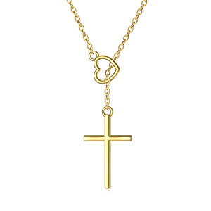 SISGEM 14K Real Gold Cross Necklace for Women,Yellow/White Gold Small Heart Cross Y-Necklaces,Anniversary Birthday Jewelry Present for Wife Mom 16''+2''