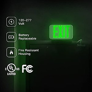 FREELICHT Green LED Exit Sign with Battery Backup，Exit Sign for Business，Easy to Install，UL Certified，AC 120/277V，Pack of 10