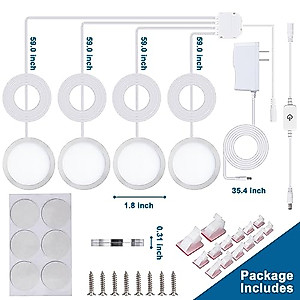 4-Pack LED Puck Lights Wired, Dimmable Display Case Lighting, Under Cabinet Puck Lights with Memory Function, Warm White Plug-in Round Shelf Lighting, Cabinet Lights for Shelves, Kitchen, 3000K
