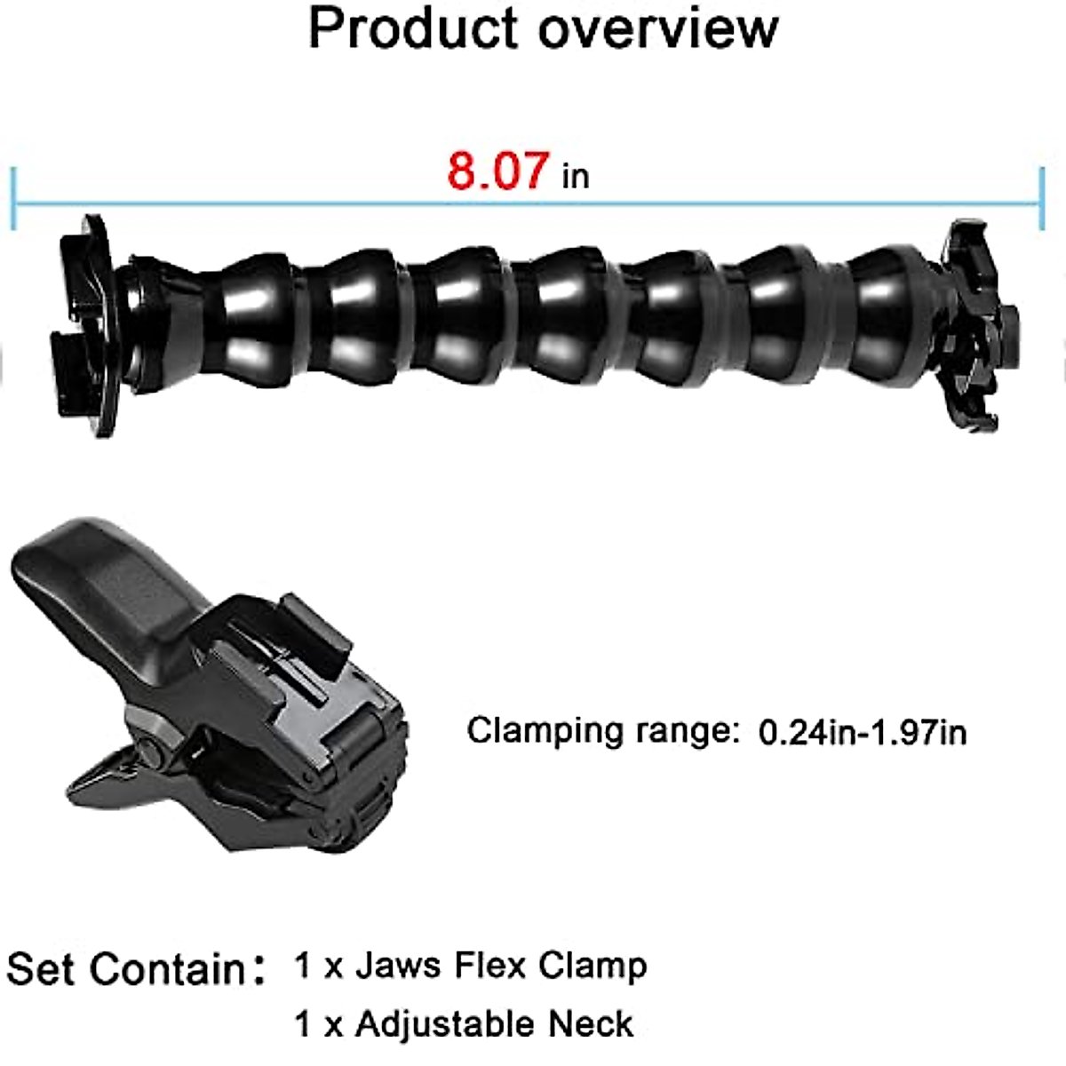 FiTSTILL Jaws Flex Clamp Mount with Adjustable Gooseneck 8-Section Compatible with Go Pro Hero 11,10. 9, 8, 7, 6, 5, 4, Session, 3+, 3, 2, 1, Max, Fusion, DJI Osmo Action Cameras