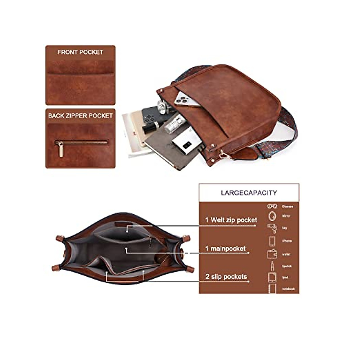 Caitina Cross Body Bag Vegan Leather Hobo Handbags Designer Crossbody Purses Bucket Bag For Women with 2 Adjustable Strap(Dark Brown)