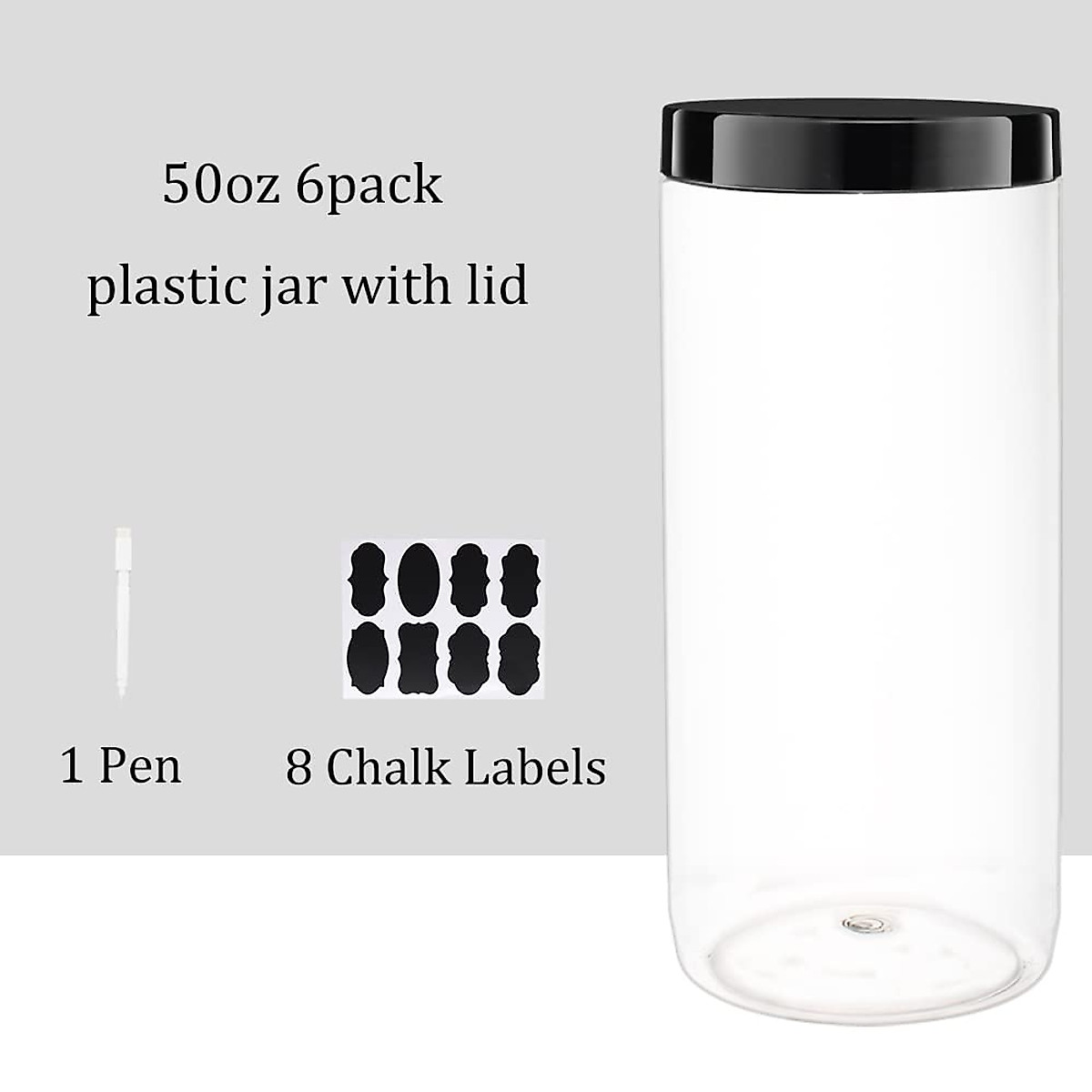 BPFY 6 Pack 50 oz Clear Plastic Jars with Black Lids, Chalk Labels, Pen, Plastic Food Storage Jars, Wide Mouth Kitchen Canisters for Dry Goods, Nuts, Cookie