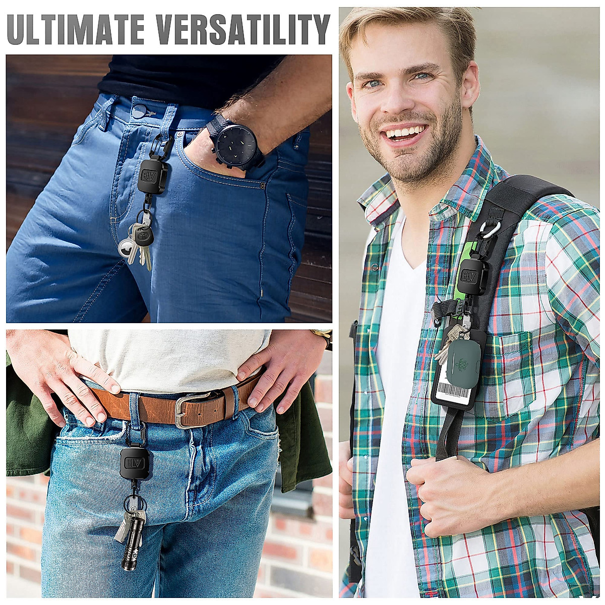 ELV Retractable ID Badge Holder, Retractable Keychain Badge Reel, Heavy Duty Metal Body, Strong Dyneema Cord, Carabiner and Key Chain, 30 inch Wire Extension, Hold Up to 15 Keys and Tools [1 Pack]