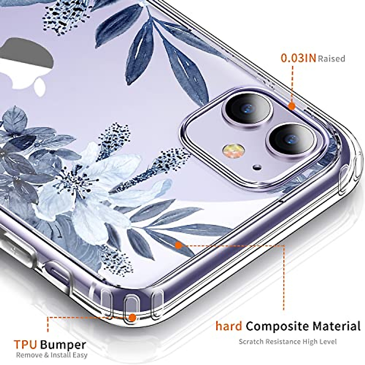 ilnehc Flower Designed for iPhone 11 Case with Screen Protector, Floral Slim Fit Clear Women Phone Case Shockproof Protective Hard PC+TPU Bumper Cover 6.1 Inch