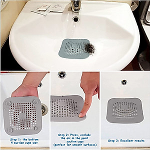 Hair Drain Catcher 4PCS, Raised Square Drain Cover with Suction Cup, Silicone Hair Catcher Hair Stopper Drain Cover for Bathroom Bathtub Kitchen