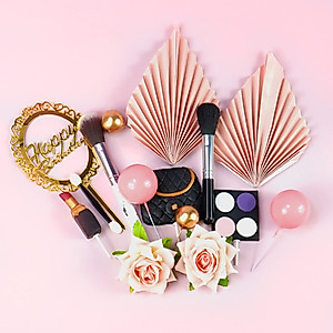 Makeup Cake Topper Cosmetics Artificial Rose Palm Leaves Happy Birthday Cake Toppers Spa Makeup Birthday Party Supplies for Girls (Pink)