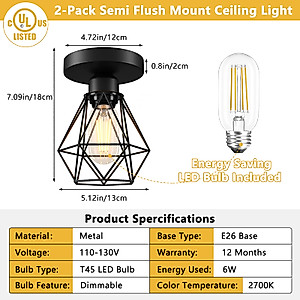FadimiKoo 2-Pack Semi Flush Mount Ceiling Light, Black Hallway Light Fixtures Ceiling Mount, Farmhouse Metal Cage Pendant Indoor Modern Ceiling Lamp for Kitchen Porch Bedroom (LED Bulbs Included)