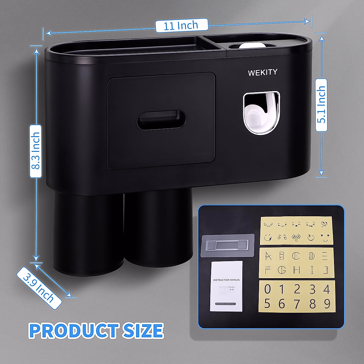 Wekity Toothpaste and Toothbrush Holder, Multi-Functional Toothbrush Holder Wall Mount for Bathroom Space Saving, with Toothpaste Dispenser and Colorful Gargle Cups (Black)