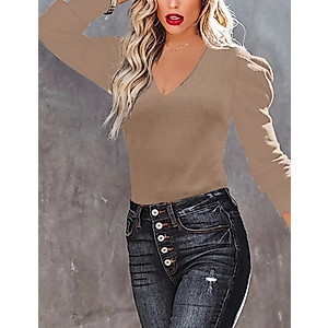Amarmia Women's Long Puff Sleeve Knit Pullover Sweaters Casual V Neck Ribbed Solid Soft Slim Fit Sweater Blouse Tops Khaki