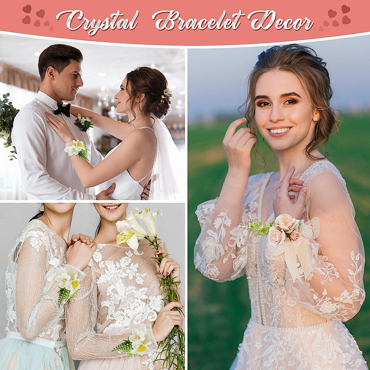 Henoyso 24 Pcs Wrist Corsage Bracelet for Wedding Rhinestone Elastic Bracelet DIY Flower Holder Design Accessories Prom Ceremony Anniversary Bridal Shower Party Accessories(Silver)