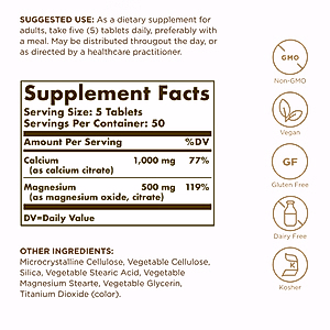 Solgar Calcium Magnesium Citrate - 250 Tablets, Pack of 2 - Non-GMO, Vegan, Gluten Free, Kosher - 100 Total Servings