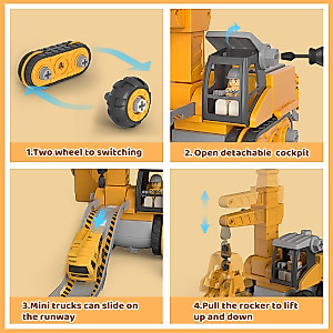 JIFTOK Constrcution Truck Toy Car for 3 4 5 6 7 8 Year Old Boys, Take Apart Toys with Electric Drill, Building Toy Playset with Excavator Toy, Tractor Toy for Kid 3-5 4-8 Christmas Birthday Gifts