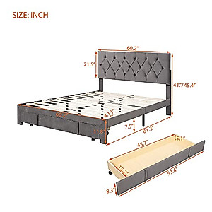 TARTOP Queen Size Storage Bed Velvet Upholstered Platform Bed with Drawer, Queen Size Upholstered Bed Frame with Headboard, No Box Spring Needed, Easy Assembly,Gray
