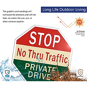Stop No Thru Traffic Private Drive Sign 12" x 12" Private Driveway Sign Metal Reflective No Thru Traffic Sign Rust Free Aluminum Stop Sign UV Protected Waterproof Outdoor Use 2 Pack