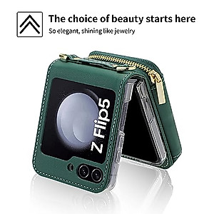 EAXER for Samsung Galaxy Z Flip 5 Case, Shockproof PU Wallet Folding Case Leather Zipper Crossbody Strap Cover (Green)