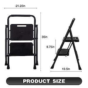 BOWEITI 2 Step Ladder, Portable Folding Step Stool with Wide Anti-Slip Pedal, Lightweight Sturdy Steel Ladder with Handrails,Large Capacity Ladder for Home Kitchen Library Office