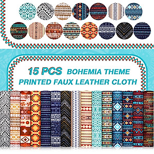 15 Set Serape Faux Leather Sheets Geometry Boho Pattern Faux Leather Patterned Sheets Striped Plaid Printed Leather Fabric for DIY Craft Making Earring Sewing Bags Hair Bows Supplies, 8.3 x 6.3 Inch