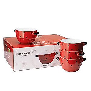 ECODECO Soup Bowls with Handles - Ceramic - Polka Dot Red - 16 Ounce - Set of 4 - French Onion Soup Crocks for Oven Baking