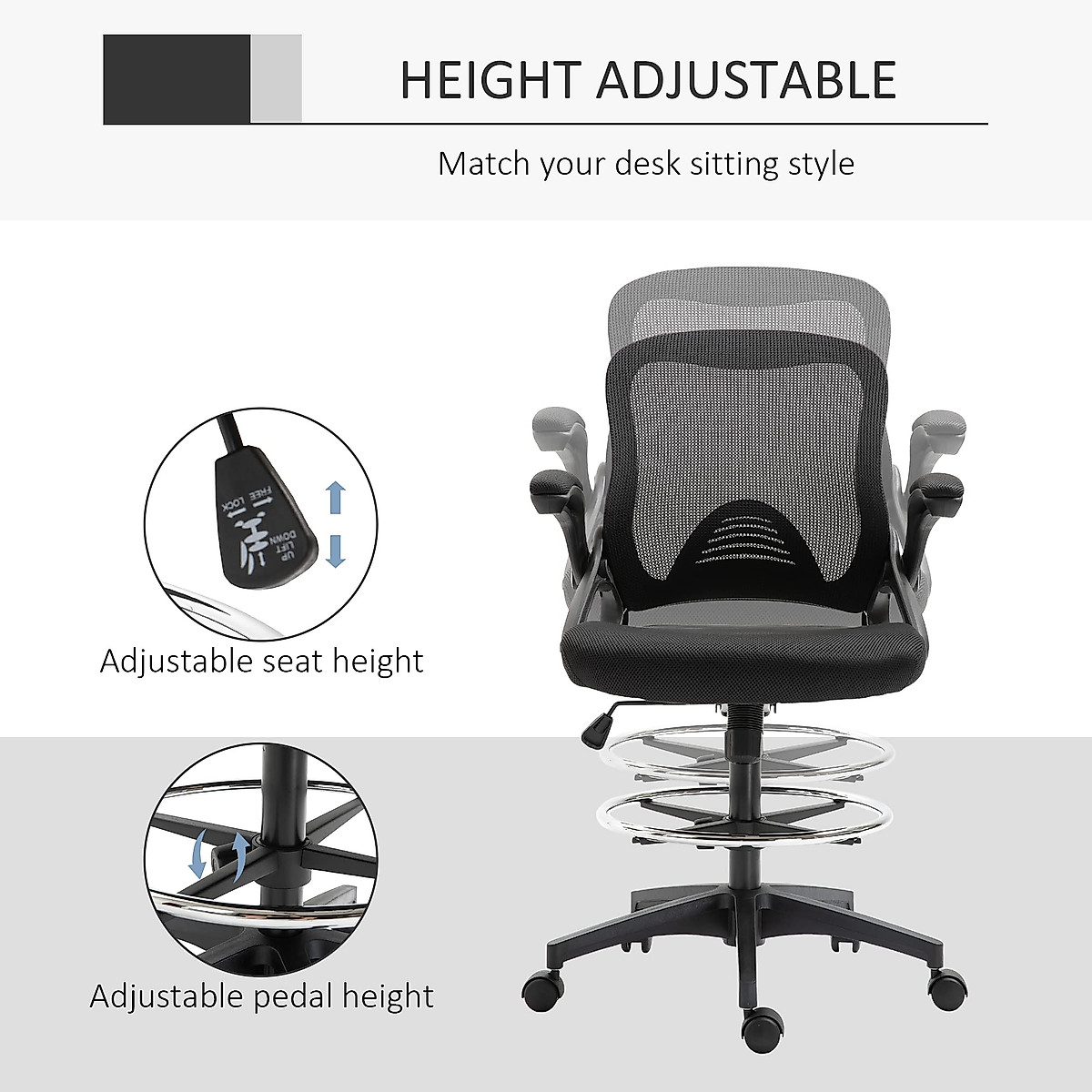 Vinsetto Mesh Drafting Chair, Tall Office Chair with Lumbar Support, Flip-Up Armrests, Footrest Ring and Adjustable Seat Height, Black