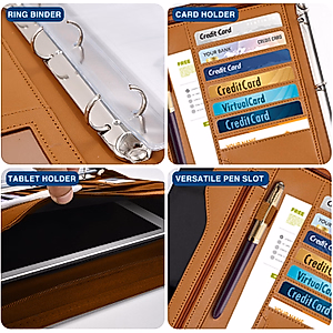 Linaxbong Padfolio Portfolio Business Binders—3 Ring Binders，Secure Zippered Closure，Resume padfolio Business Organizer—Pu Leather Padfolio Portfolio Binders for Men & Women (Brown)