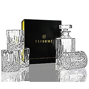 ELIDOMC 5PC Italian Crafted Crystal Whiskey Decanter & Whiskey Glasses Set, Crystal Decanter Set With 4 Whiskey Glasses, Whiskey Decanter Sets for Men