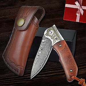 AUBEY Damascus Pocket Knife with Clip, Damascus Knife Folding Knife with VG10 Damascus Steel Blade, Wooden Handle, Foldable EDC Knife for Outdoor Survival Collection Gift