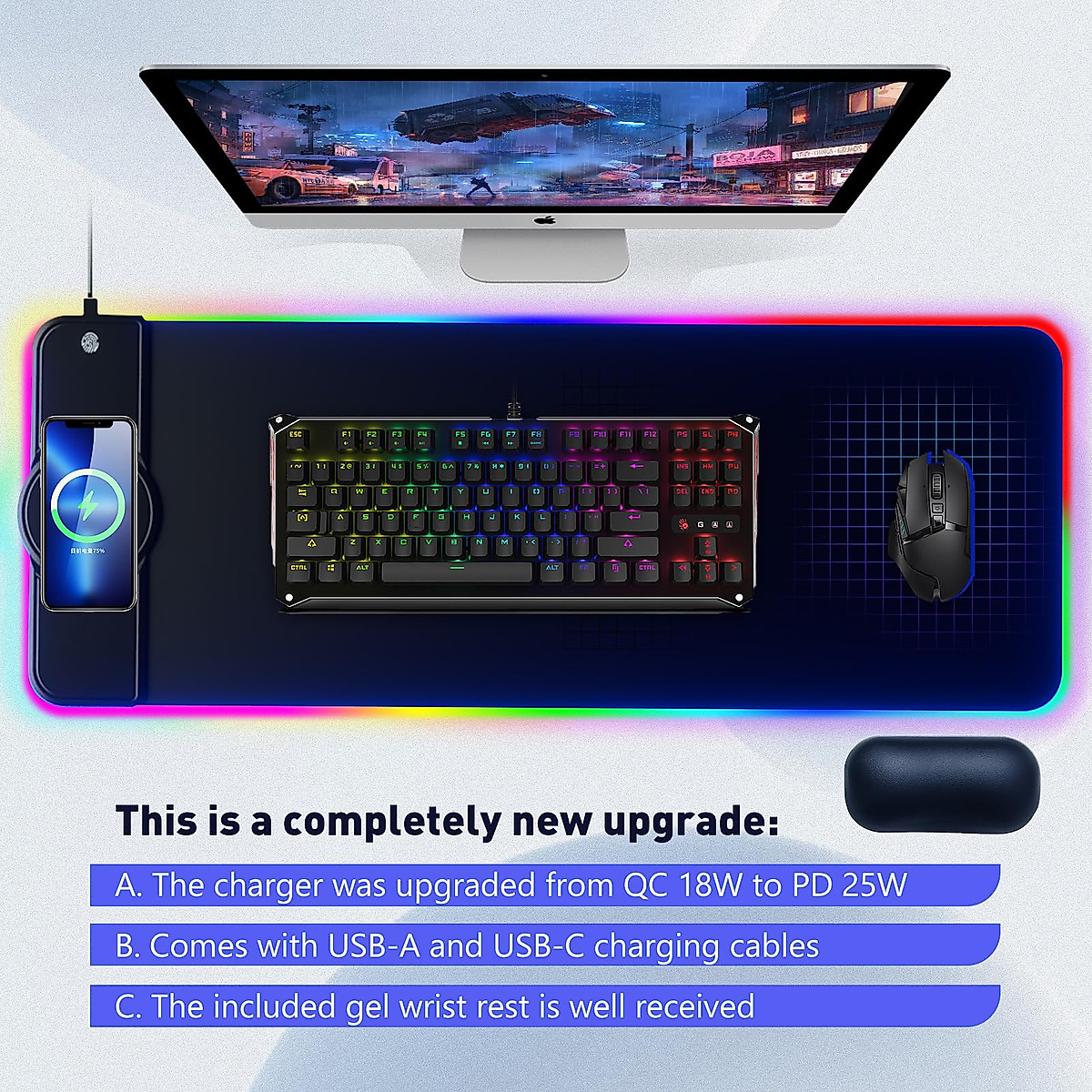 Gaming Mouse pad with Wireless Charging,25W PD Fast Charging RGB Mousepad Gaming Accessories for Desk,Upgrade Your Gaming and Office Setup with Large Desk pad (Black-with 25W pd Charger)
