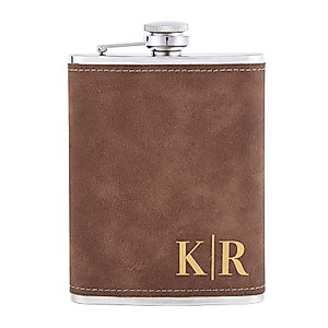 Personalized Flask Gift Set for Men with 8 Designs, 8 oz 304 Stainless Steel Engraved Hip Flasks with "Golf, Mountain, Deer, Initial" Icon, Custom Flask for Wedding Groomsmen Gifts (Brown)