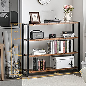 Bookshelf,4-Tier Industrial Bookcase,Rustic Wood and Metal Open Display Book Shelves Home Office,Bedroom Standing Shelf Unit,Horizontal Kitchen Shelf Organizer,Bathroom Storage Rack Mid Century 47in