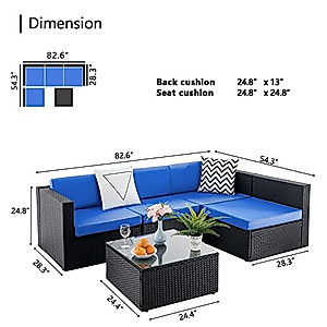 Waleaf 5 Pieces Outdoor Furniture Rattan Sectional Patio Sofa, Outdoor Indoor Backyard Porch Garden Poolside Balcony Wicker Conversation Set with Table (Dark Blue)