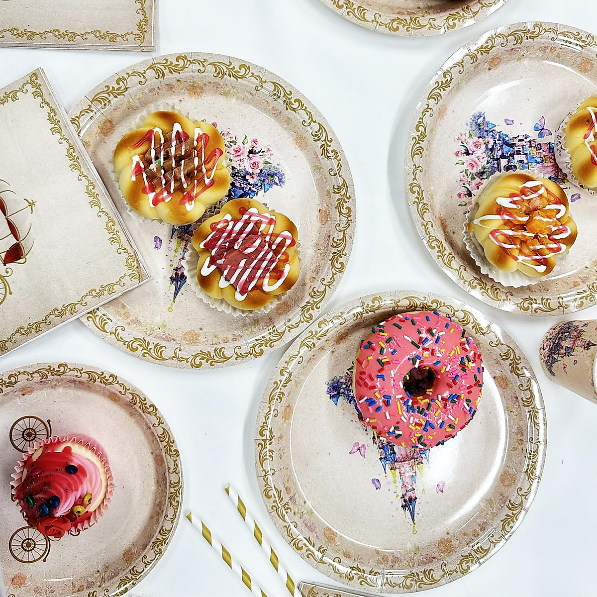 AIBIIN 112 PCS Princess Party Plates Princess Birthday Decorations Once Upon a Time Castle Princess Party Tableware Set Purple Floral Napkins for Girl Baby Shower Party Decor Supplies Favors Serves 16