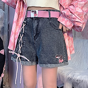 ZLMuMulin Y2K Harajuku Style Kawaii Gothic Straight Leg Loose A Line Folded Vintage Embroideried Print Jeans Shorts S Grey