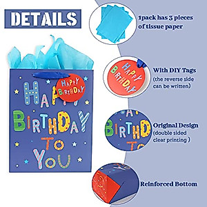 Sharlity 13" Large Birthday Gift Bag for Baby Shower with Card and 3 Tissue Papers （1pack）