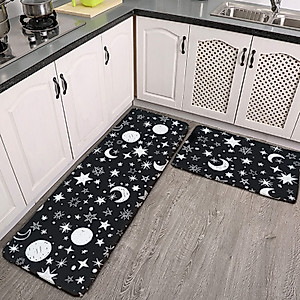 YouTary Black White Moon and Star Pattern Kitchen Rug Set 2 PCS Floor Mats Washable Non-Slip Soft Flannel Runner Rug Doormat Carpet for Floor Home Bathroom, 17" x 47"+17" x 24"-M