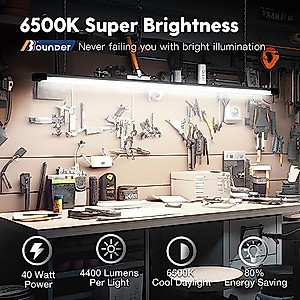 BBOUNDER 6 Pack Linkable LED Shop Light with Reflector, Super Bright 6500K Cool Daylight, 4400 LM, 4 FT, 48 Inch Integrated Fixture for Garage, 40W Equivalent 250W, Surface & Suspension Mount, Black