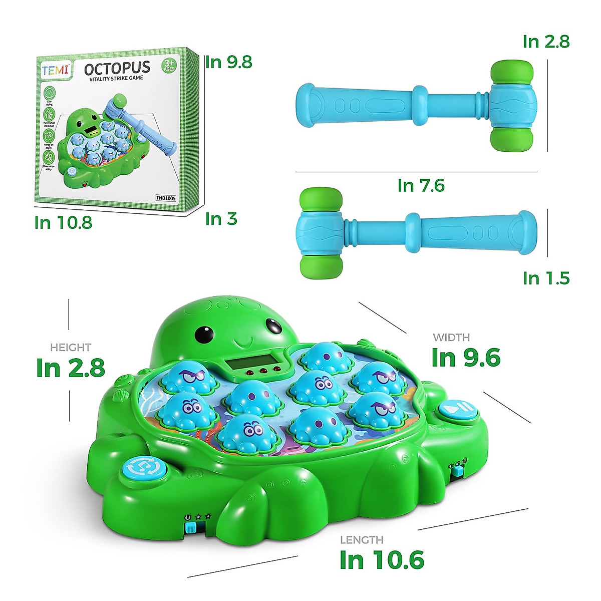 Whack A Mole Game with Music and Light,2 Hammers for Toddlers Kids，Interactive Educational Toys for 3 4 5 6+ Year Old Boys and Girls as Christmas，Halloween，Birthday Gift Ideas