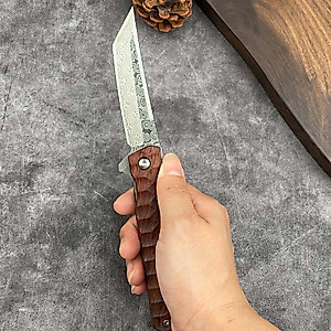 allvin R8406 Damascus Flipper Knife VG10 Damascus Steel Tanto Point Blade Rosewood with Steel Sheet Handle Outdoor Fishing EDC Pocket Knives