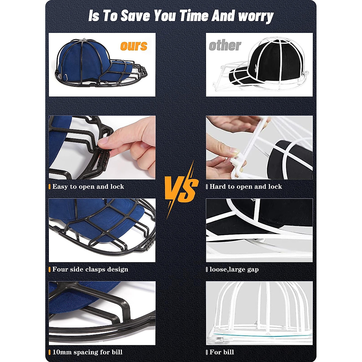 4 Pack Baseball Hat Washer Caps,Hat Cleaner Fit for Adult/Kid's Ball Hat Washer Frame Cage,Hat Protector Racks for Washing Machine（2 White 2 Black）