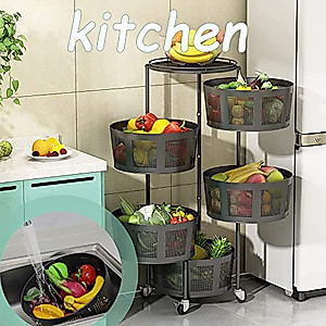 Rotating Storage Rack Metal Multi-Layer Stackable Storage Basket Cart Floor-Standing Layered Shelf Fruit Vegetable Snack Storage Bin with Wheels for Kitchen, Bedroom, Bathroom (Black, 5-Tier)