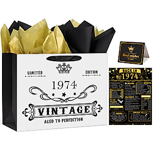 50th Birthday Gift Wrap Bag Vintage 1974 Gift Bag, 50th Birthday Decorations Paper Bag with Tissue Paper & Back in 1974 Poster, Happy Birthday Gift Bag for 50 Years Old Women/Men 13" x 10" x 5"