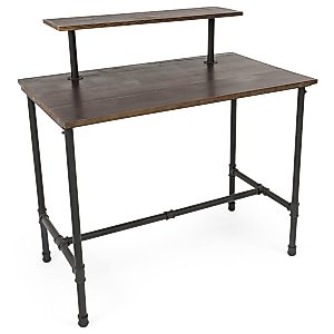 Displays2go, Pipe Display Table with Removable Shelf, Metal and Pine Wood Construction – Natural Top, Black Hardware Legs (PPLNNSTLGB)