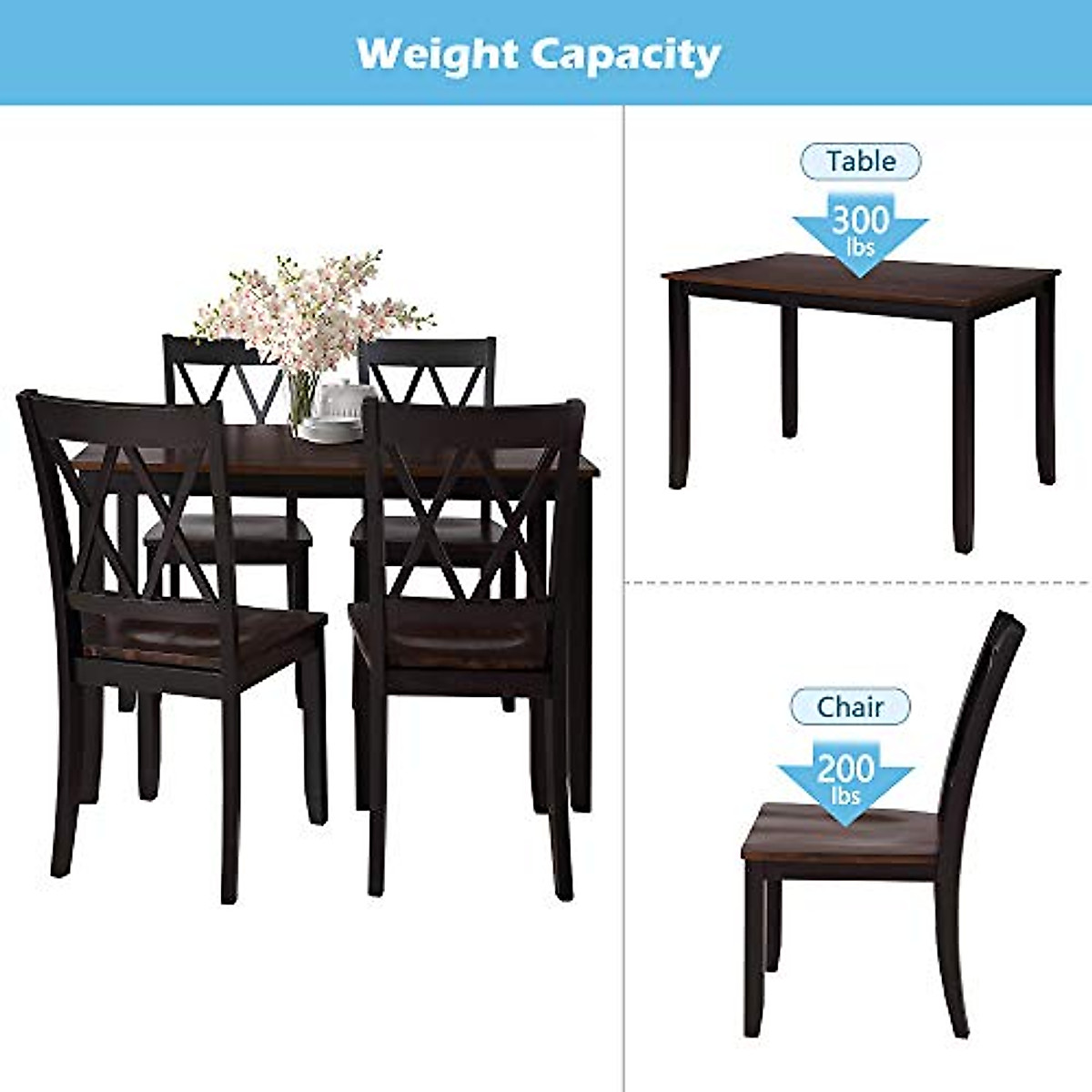 Knocbel 5-Piece Wood Dining Table Set, Elegant Home Kitchen Table with 4 Pcs Comfort High Backrest Chairs (Black with Cherry)