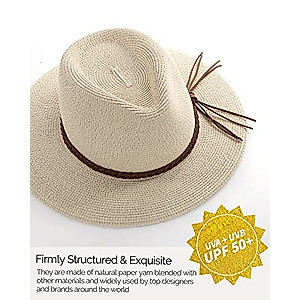 FURTALK Sun Hats for Women Summer Wide Brim UV UPF 50+ Panama Fedora Foldable Packable Straw Beach Hat Medium Beige