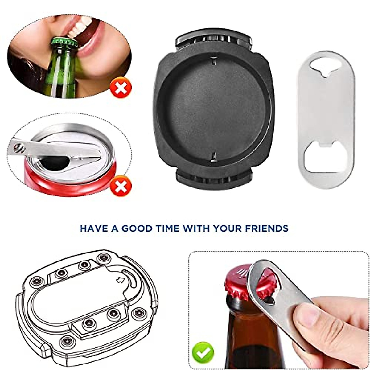 Can Opener Manual Beer Hand Held Safety Easy Camping Side Cut Can Openers Cover Smooth Edge, with Bottle Opener Black