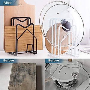 Kitchen Bakeware Pot Lid Rack Holder, 4 Slots Multifunctional Kitchen Organizer Metal Storage Shelf for Cookware, Chopping Cutting Board, Counter Cabinet, Plates, Dishes